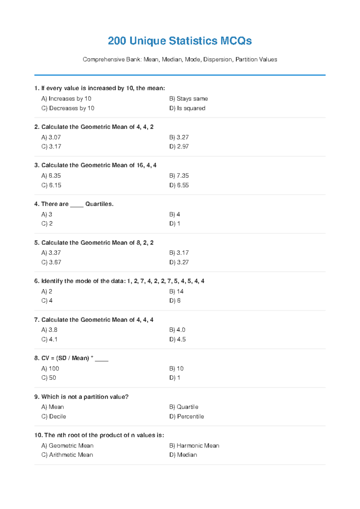 Statistics 200 Unique MCQs: Mean, Median, Mode & Dispersion - Studocu