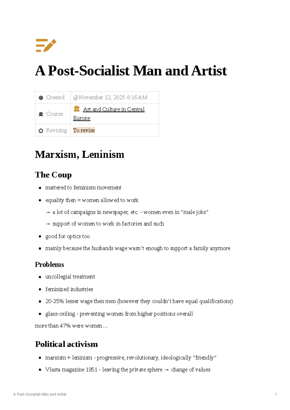 A Post-Socialist Man and Artist: Revising Marxism and Feminism in ...