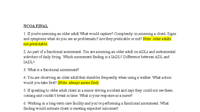 NCOA FINAL - Practice Test on Assessing Older Adults - Studocu