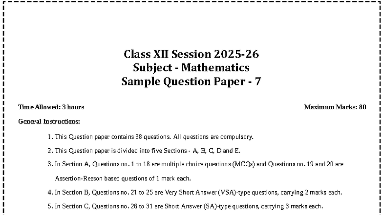 Mathematics Class XII Sample Question Paper 7 - Studocu