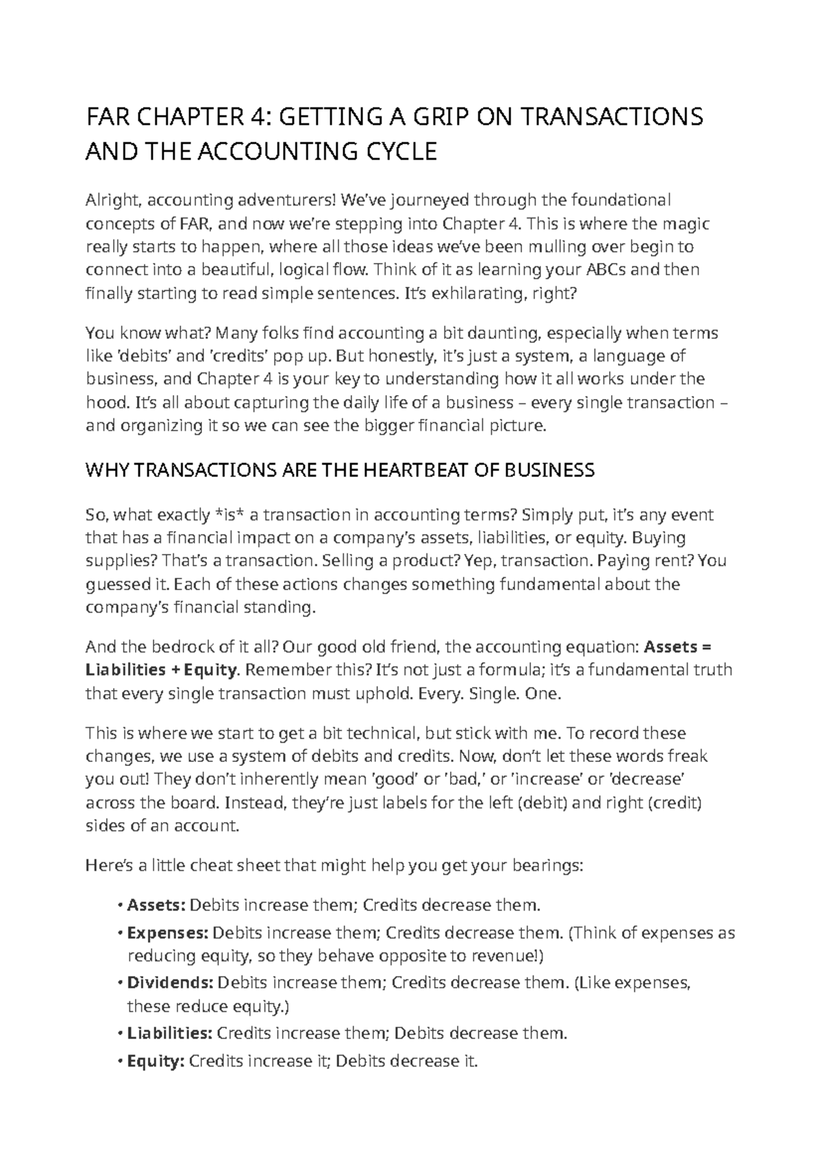 FAR CHAPTER 4: MASTERING TRANSACTIONS & THE ACCOUNTING CYCLE - Studocu