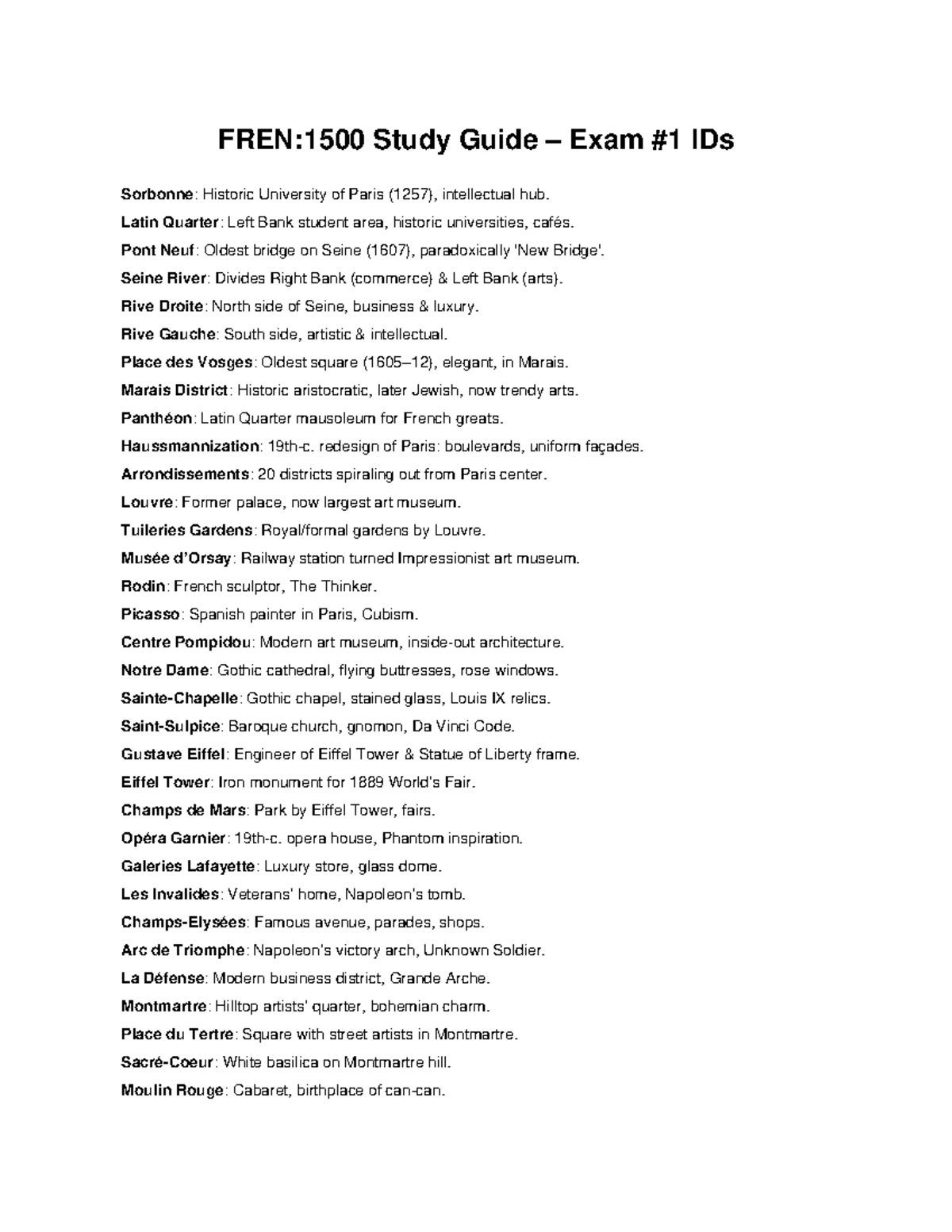 FREN:1500 Final Exam Study Guide - Paris Landmarks & History - Studocu