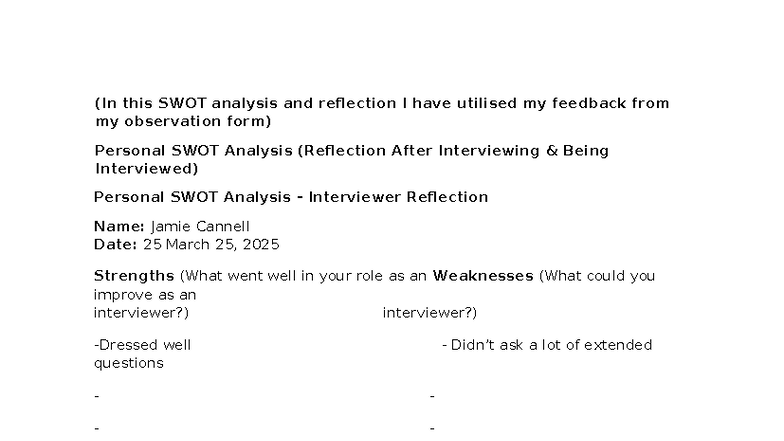 Personal SWOT Analysis Reflection After Interviewing - Course Code ...
