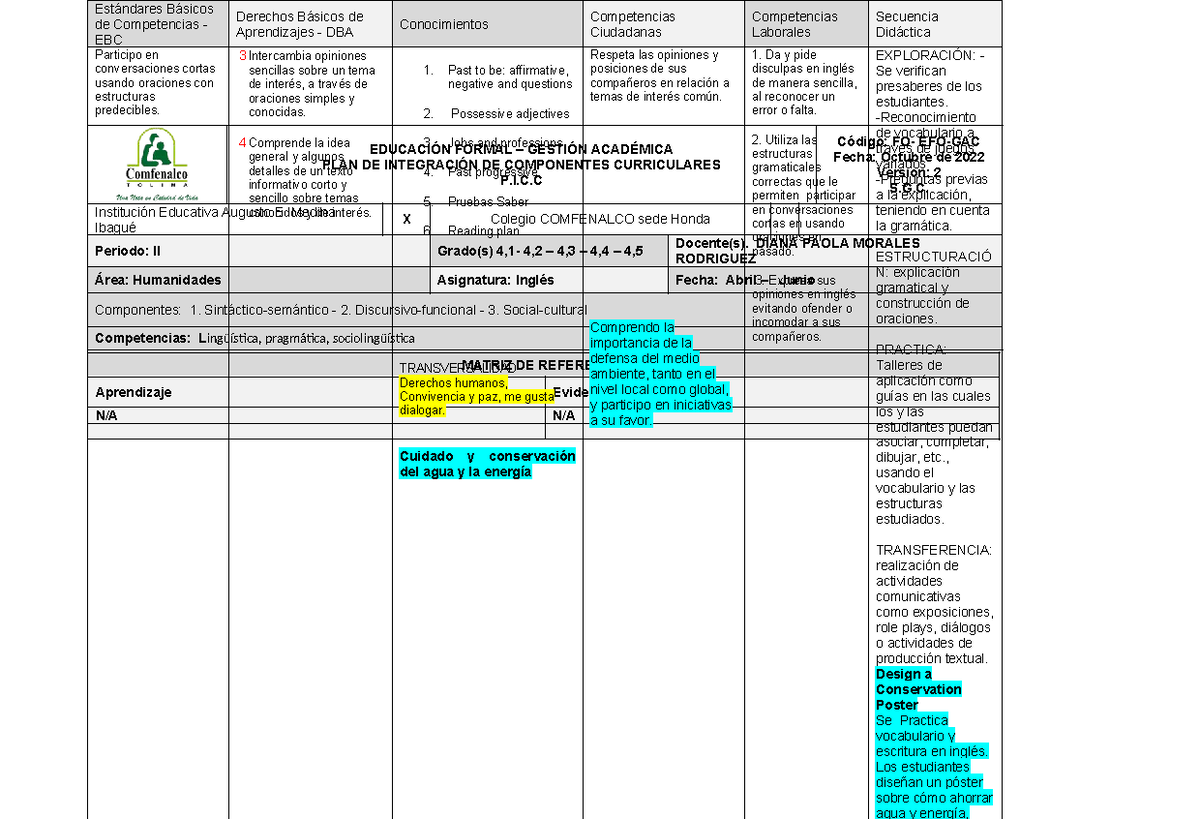 English PICC Cuarto P2 - APUNTES - MATRIZ DE REFERENCIA Aprendizaje ...