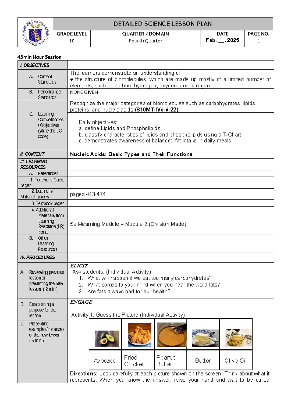 Detailed Science Lesson Plan: Biomolecules for Grade 10 (Quarter 4 ...
