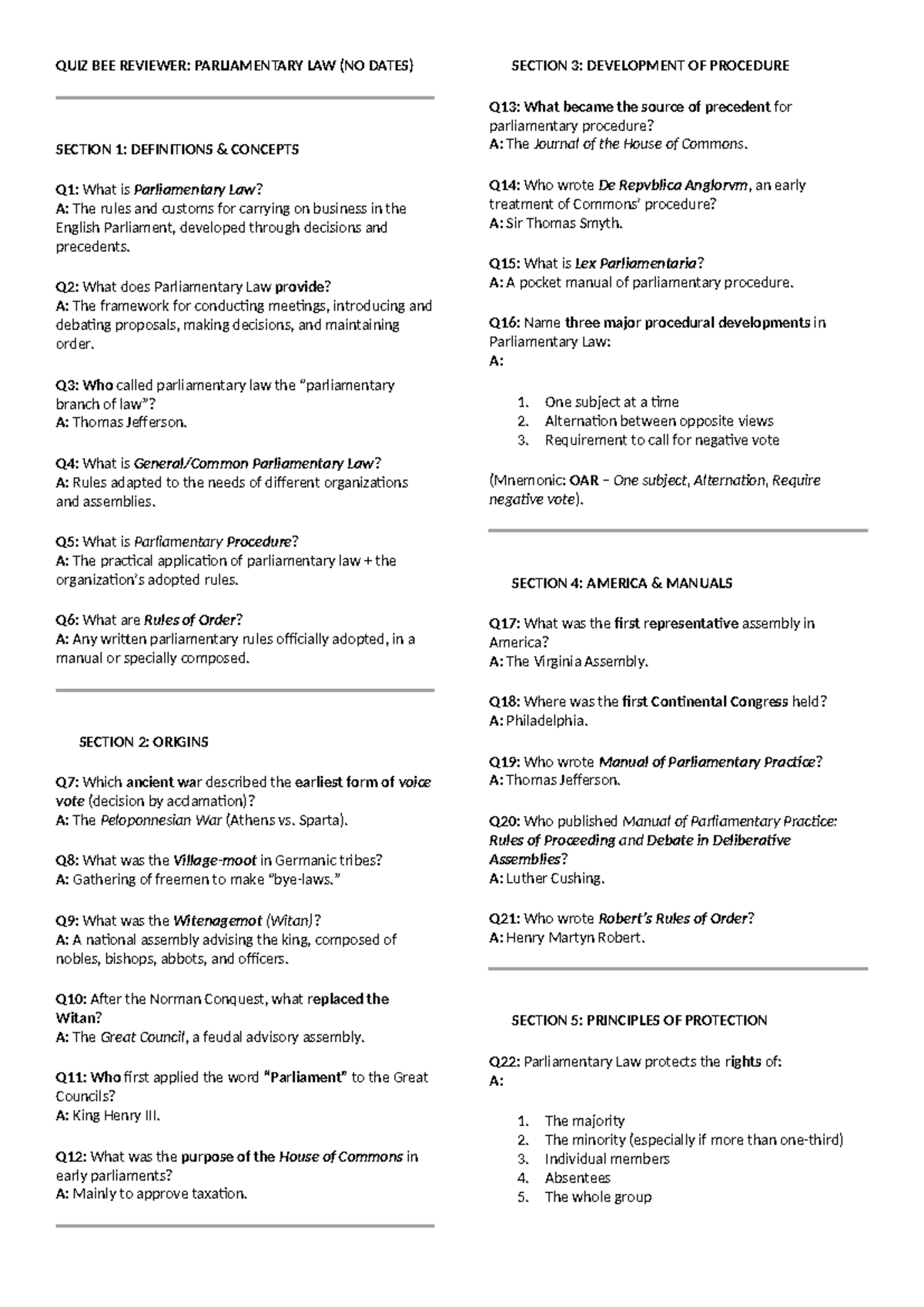 QUIZ BEE REVIEWER: PARLIAMENTARY LAW (PARPRO) - Studocu