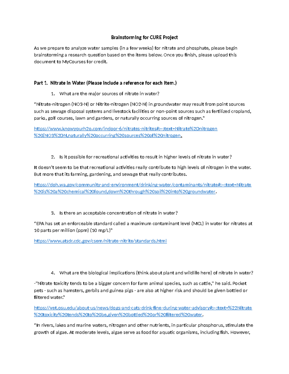 Brainstorming Research Questions for CURE Project on Water Quality ...