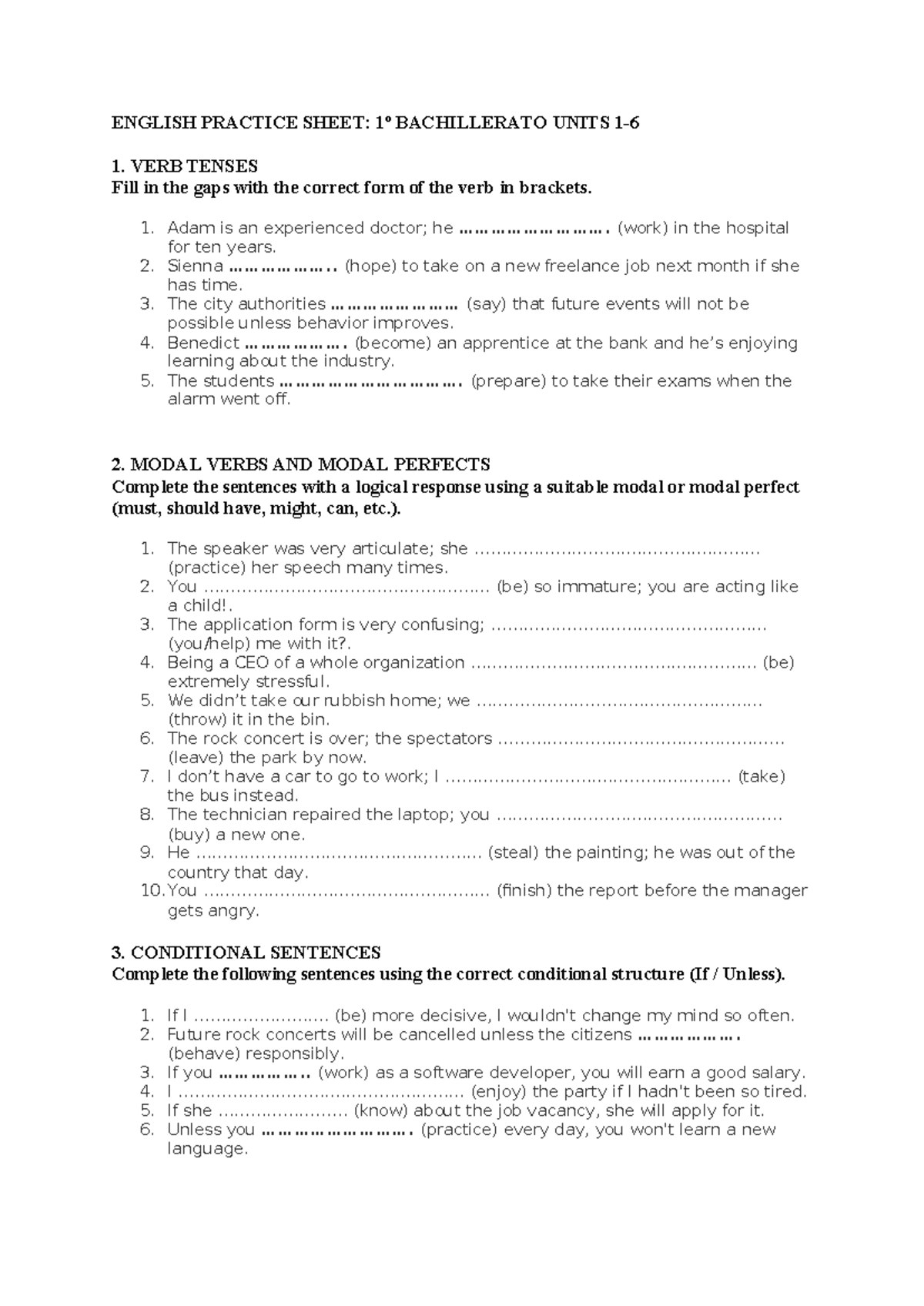 ENGLISH PRACTICE SHEET: 1º BACHILLERATO VERB TENSES & MODALS - Studocu