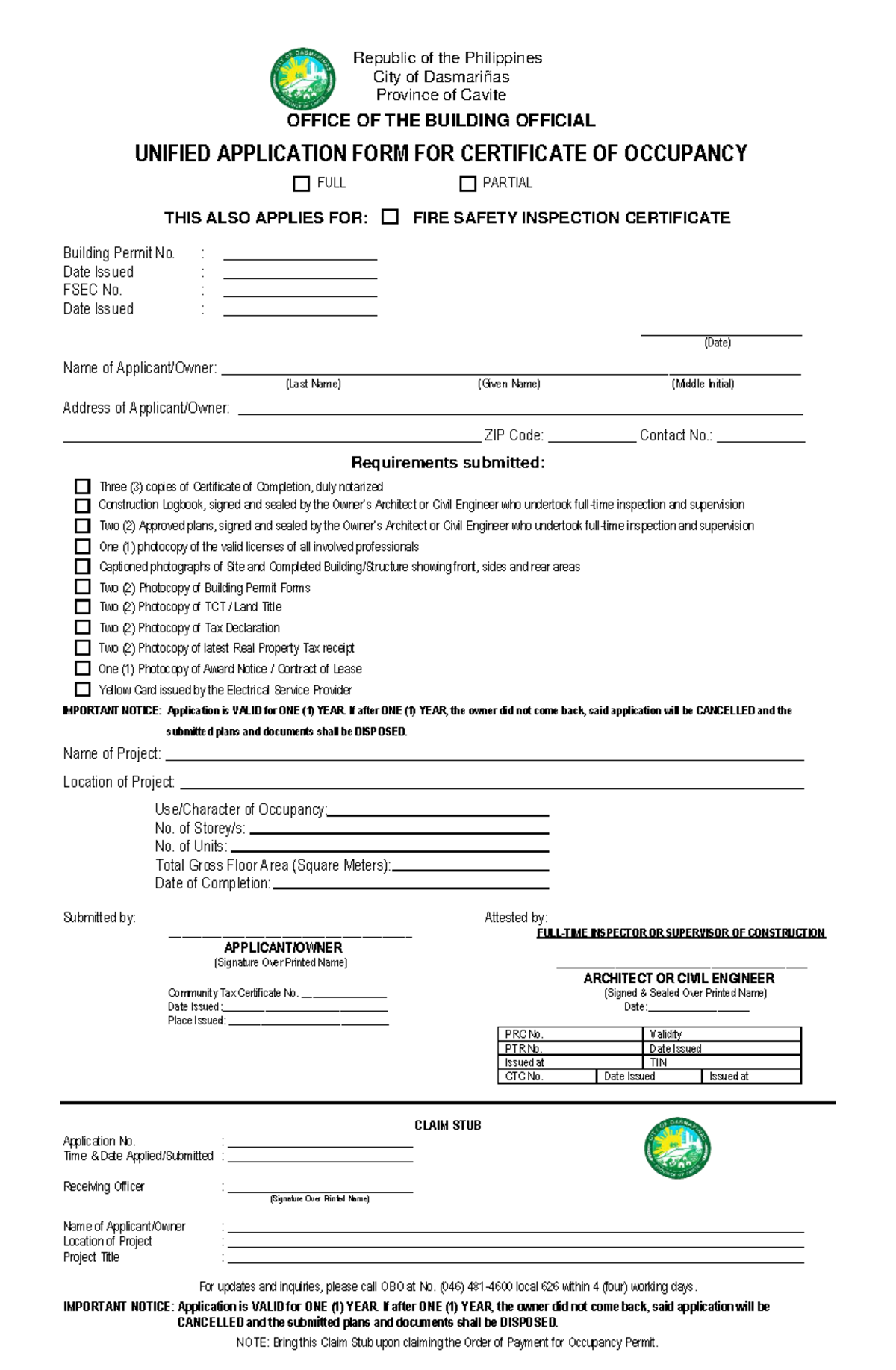 Application for Certificate of Occupancy 2025 - Dasmariñas, Cavite ...