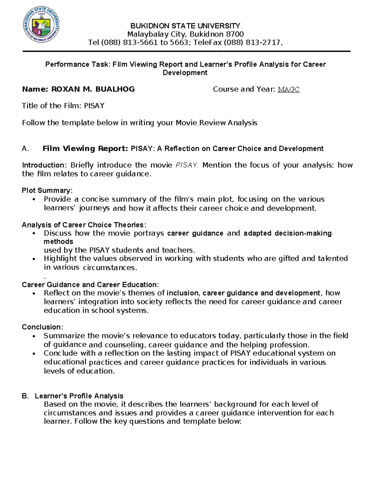 Pisay: Final Exam Film Viewing Report & Career Analysis (MAGC) - Studocu