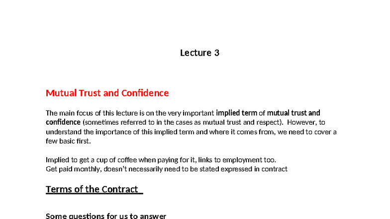 Lecture 3: Understanding Mutual Trust and Confidence in Employment ...