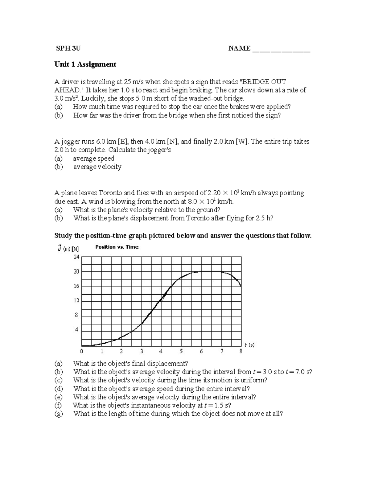 SPH 3U Unit 1 Motion Assignment: Kinematics Problems - Studocu