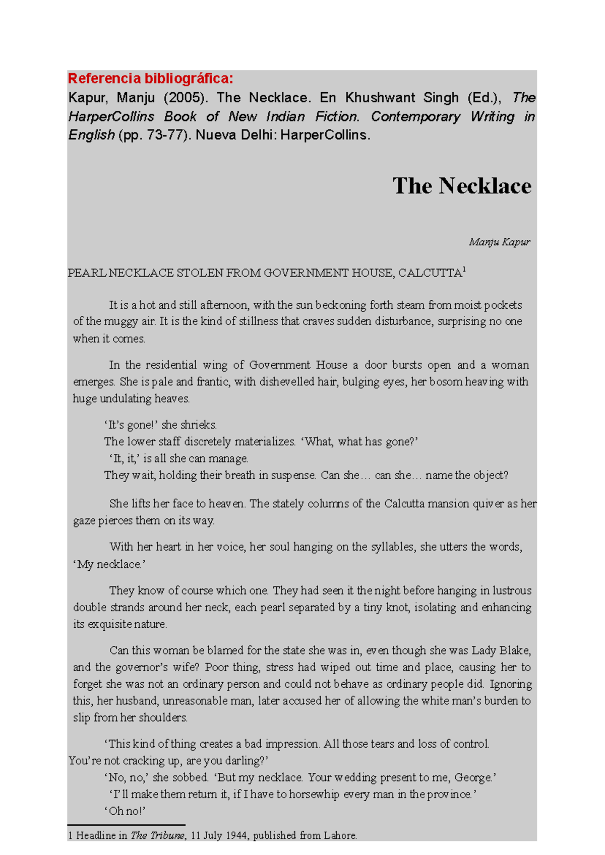 The Necklace by Manju Kapur - Analysis and Context in Literature - Studocu