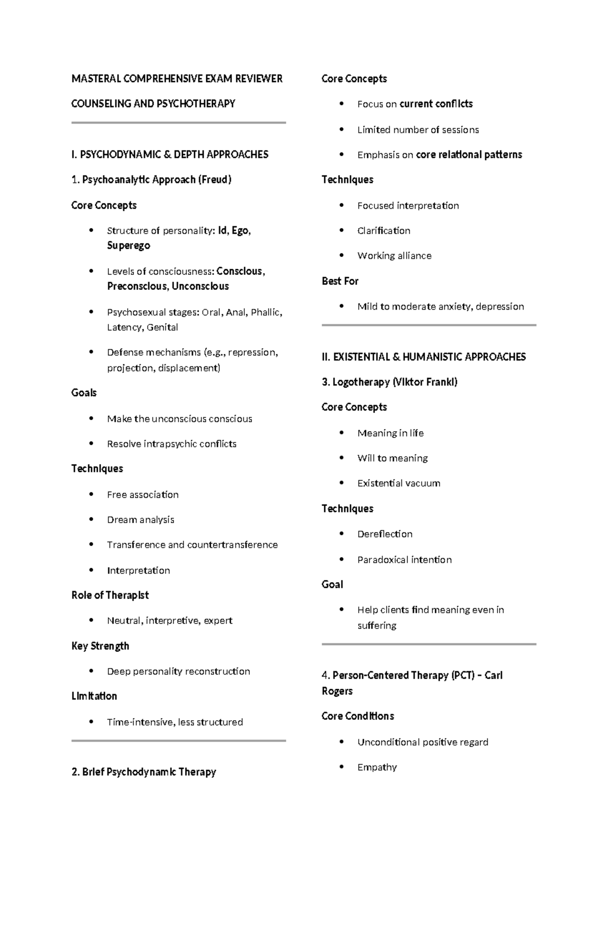 MASTERAL COMPREHENSIVE EXAM REVIEWER: COUNSELING & PSYCHOTHERAPY I ...