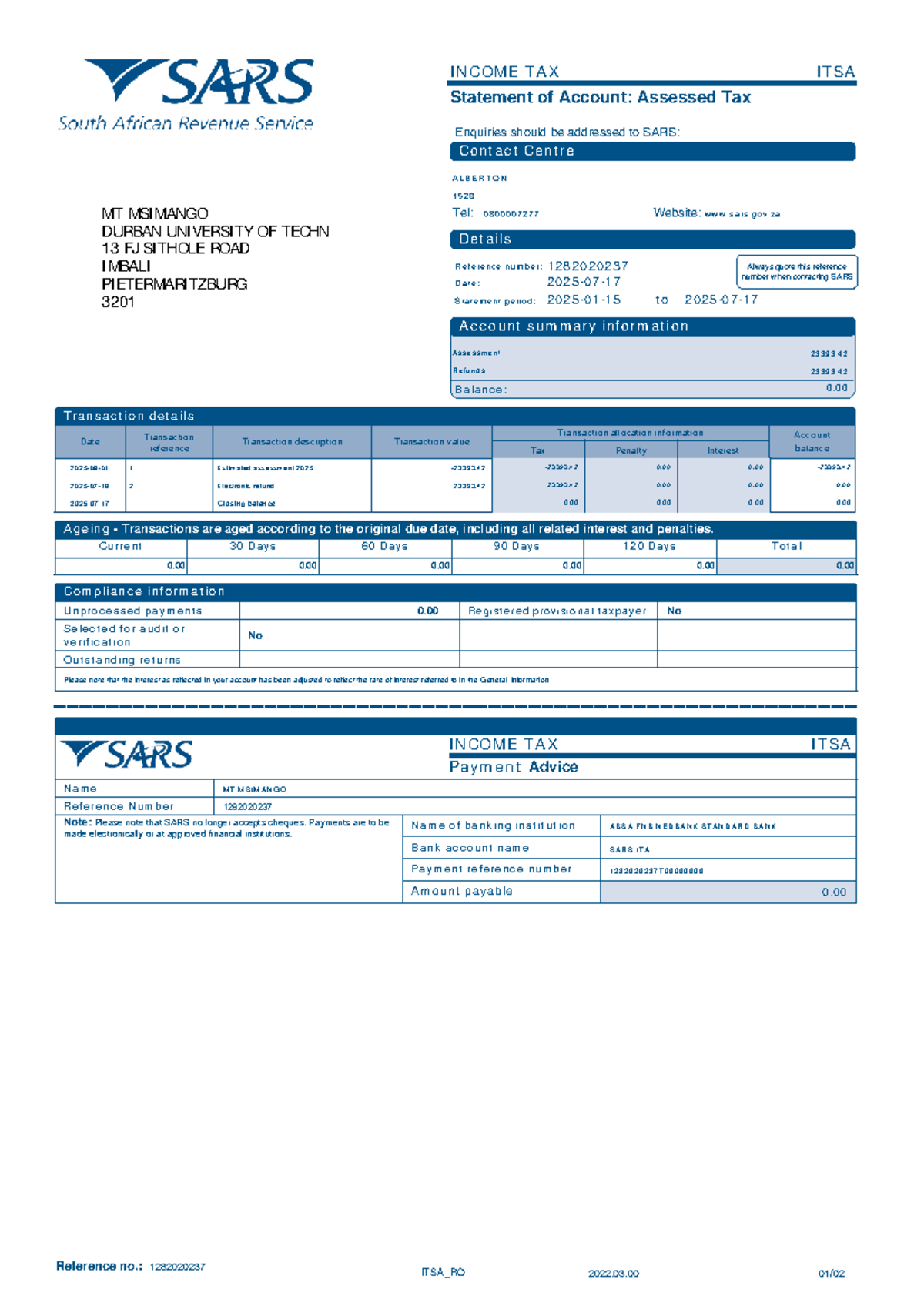 INCOME TAX ITSA Statement of Account Overview and Payment Advice - Studocu