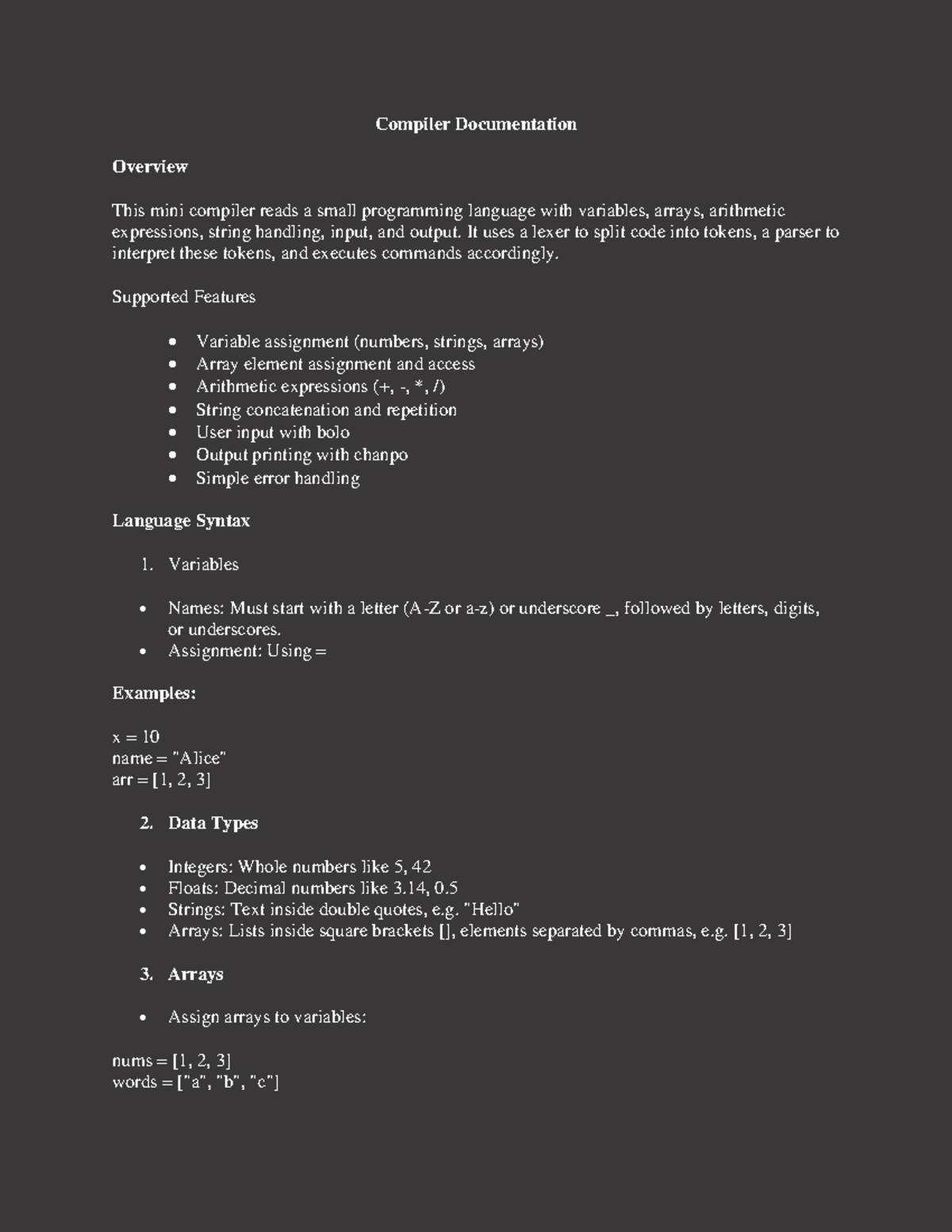 Compiler Documentation Overview: Mini Compiler Features & Usage Guide - Studocu