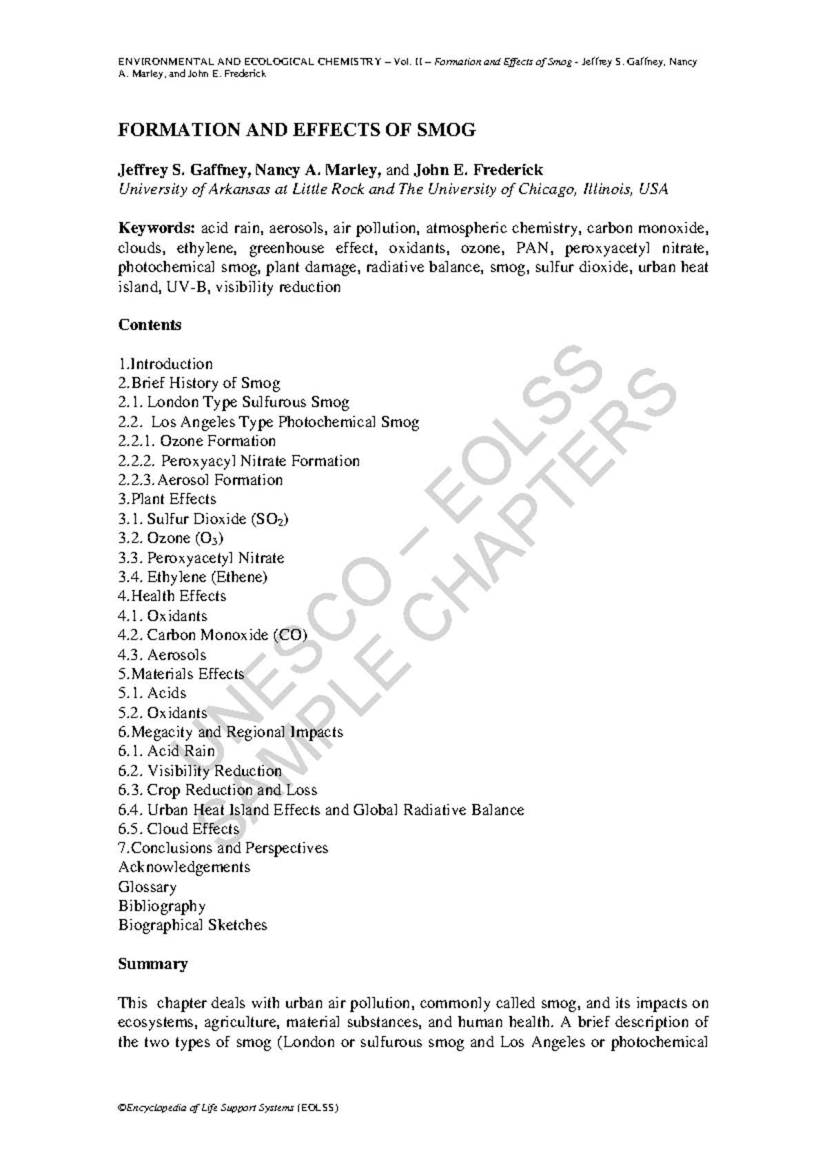 ENVIRONMENTAL AND ECOLOGICAL CHEMISTRY Vol. II: Smog Formation & Effects - Studocu