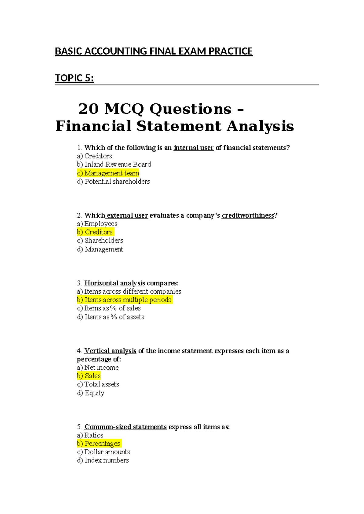 BASIC ACCOUNTING FINAL EXAM PRACTICE: MCQs on Financial & Managerial ...