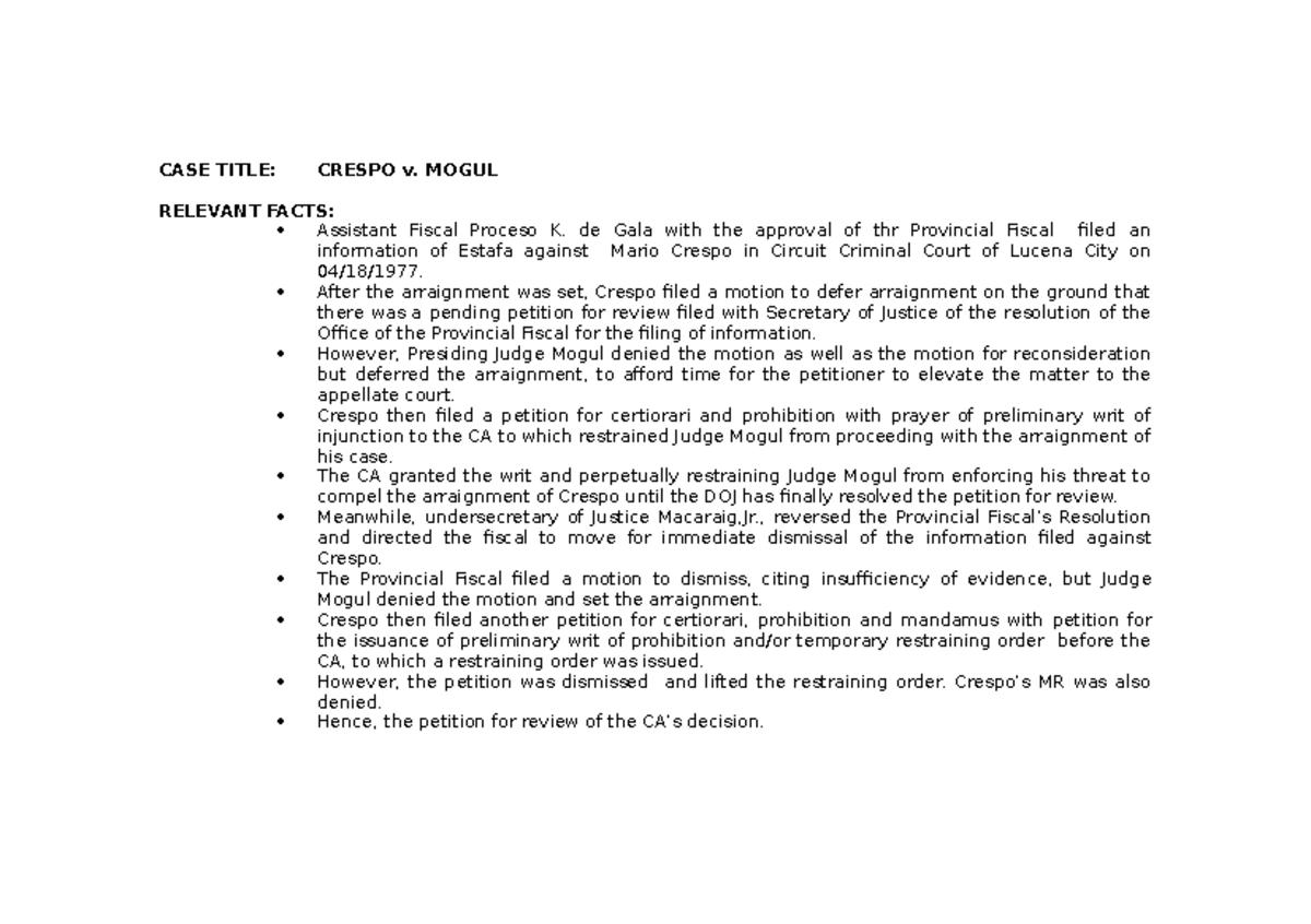 CRESPO v. MOGUL: Case Digest on Estafa Proceedings - Studocu