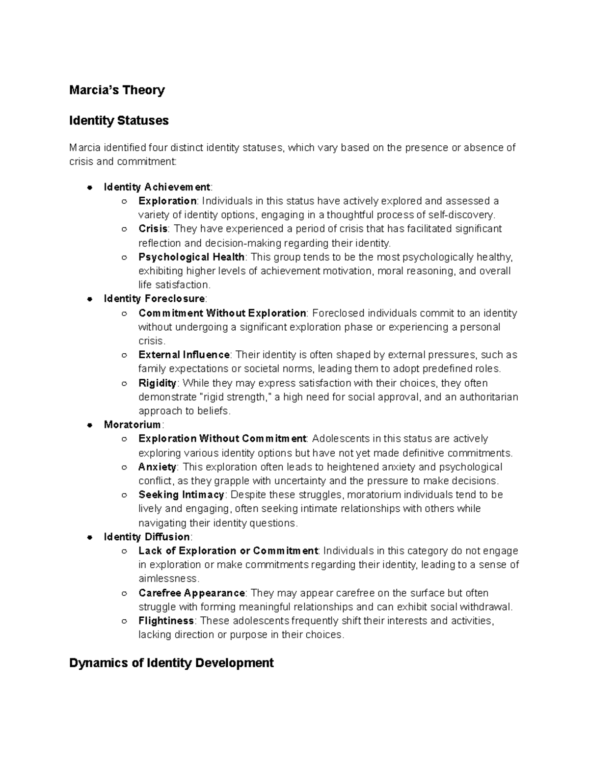 Marcia's Identity Theory: Key Concepts and Summary Notes - Studocu