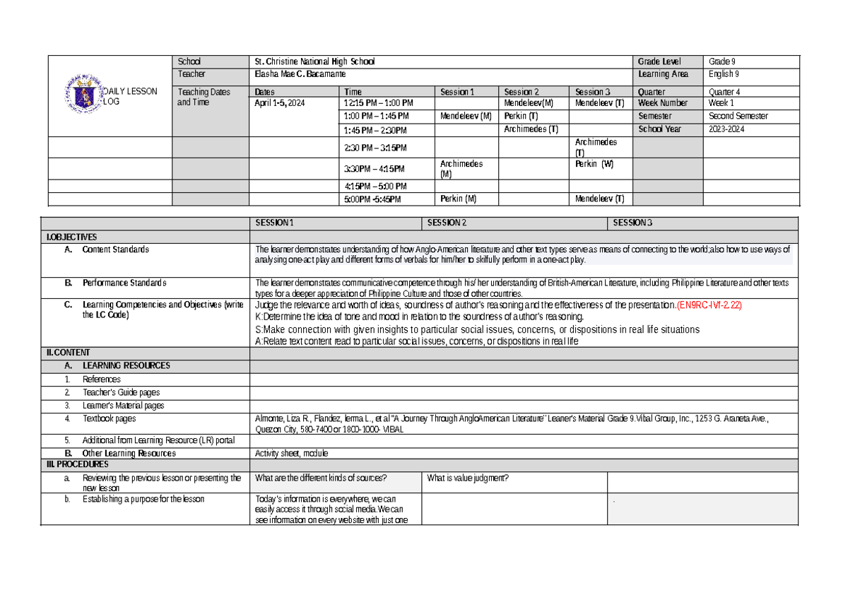 Week 1 - English 9 Lesson Plan on Anglo-American Literature - Studocu