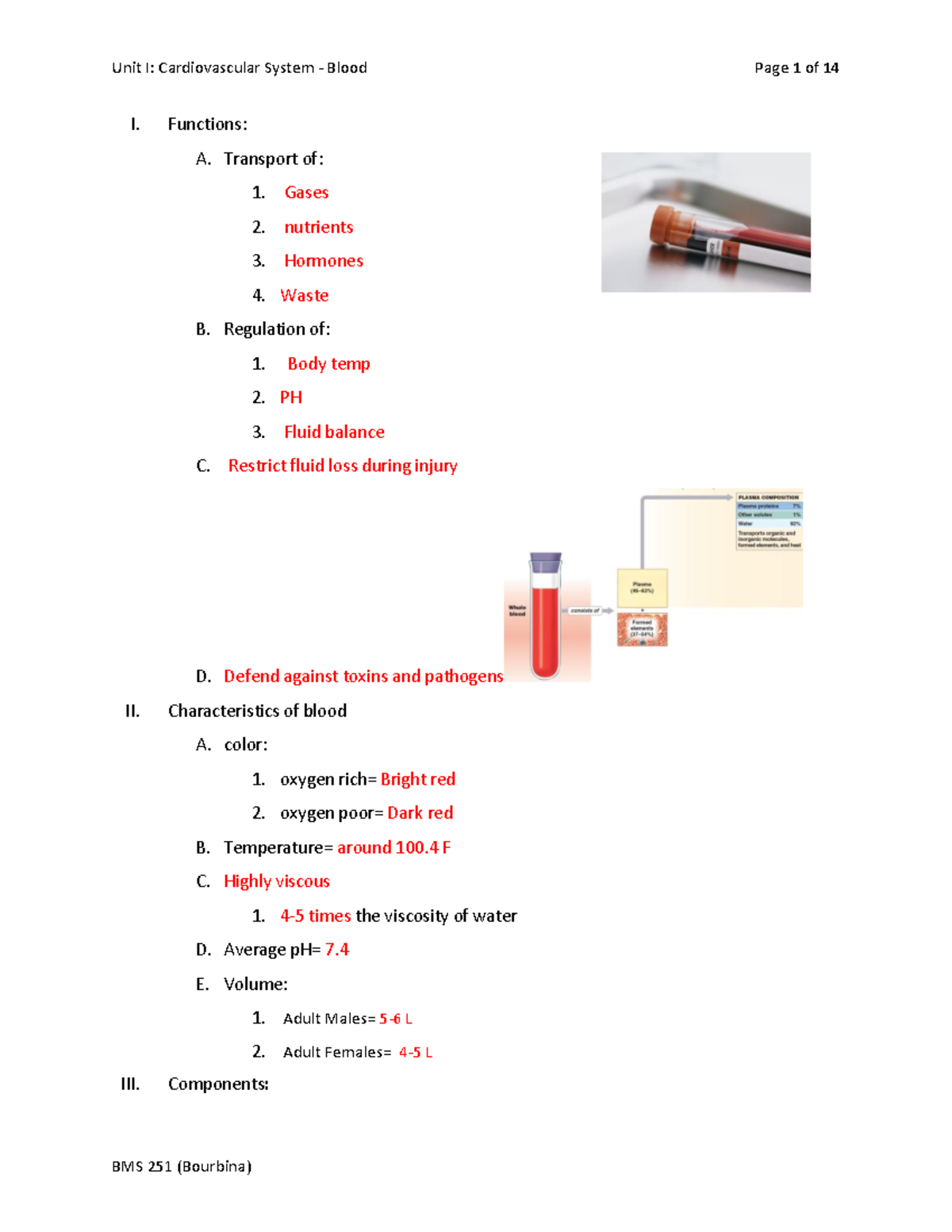 BMS 251 Blood - Unit 1 Notes Overview by Prof. Bourbina at GVSU - Studocu