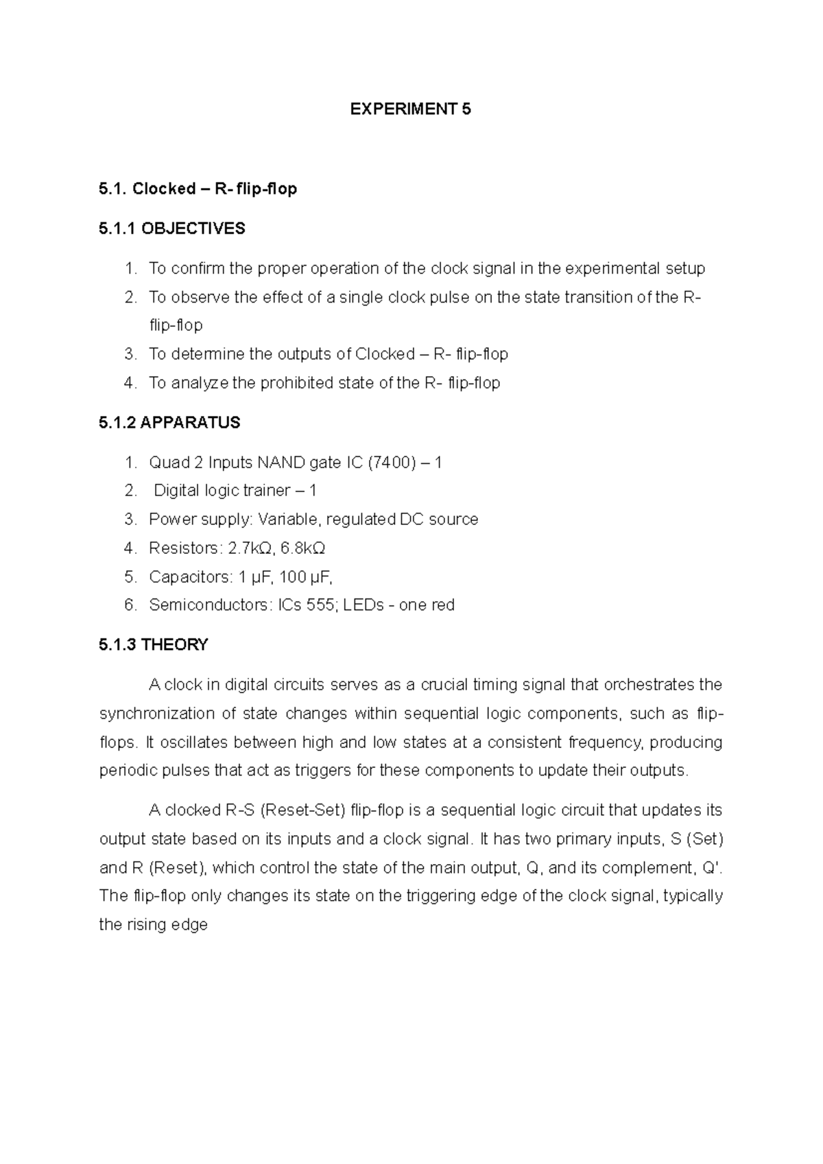 Lab Report on Clocked R-Flip-Flop - PHY340 Experiment 5 - Studocu