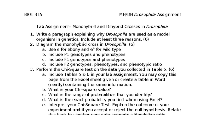 BIOL 315 Drosophila MHDH Lab Assignment: Monohybrid & Dihybrid Crosses ...