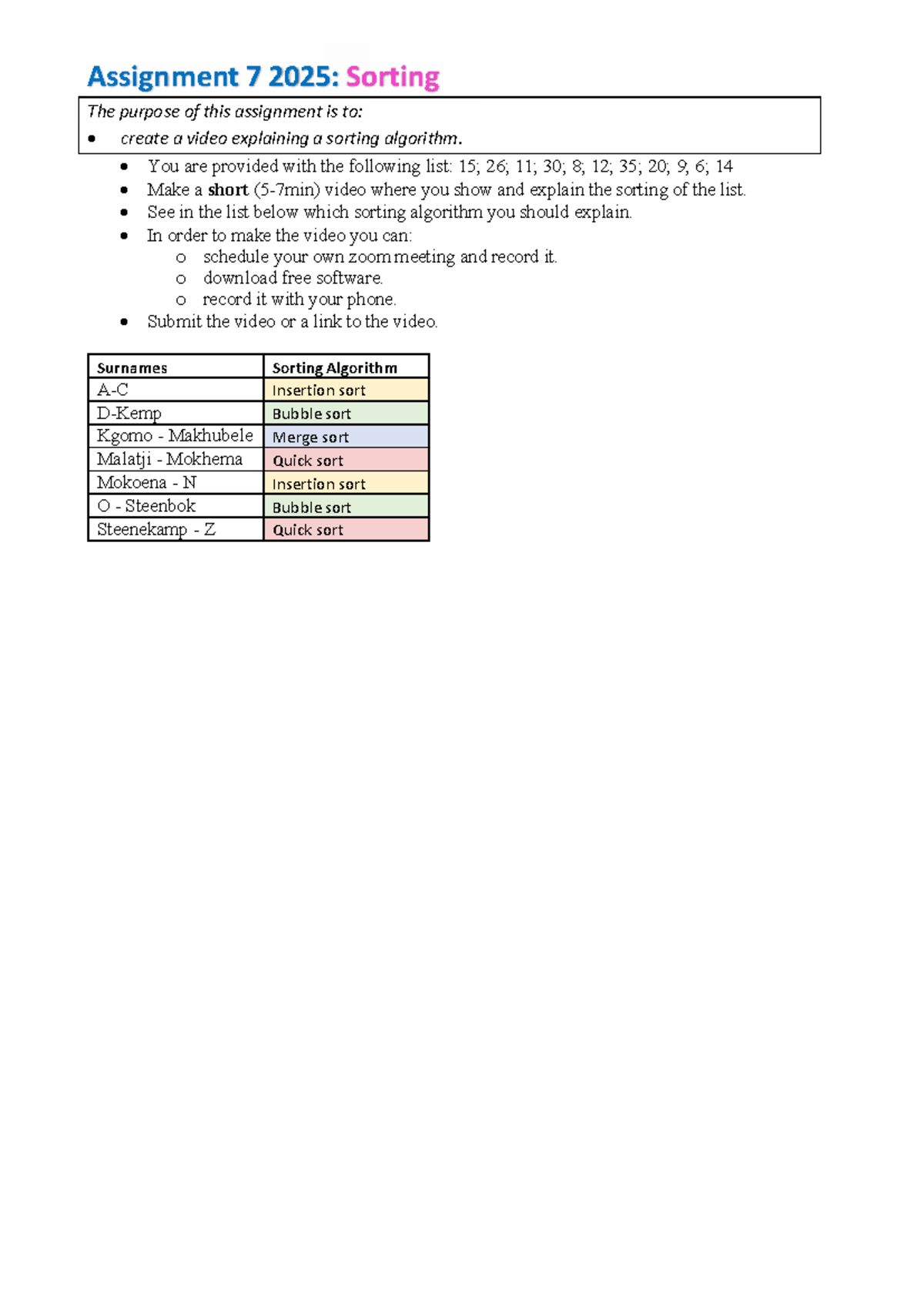 Assignment SU7 2025: Video Explanation of Sorting Algorithms - Studocu