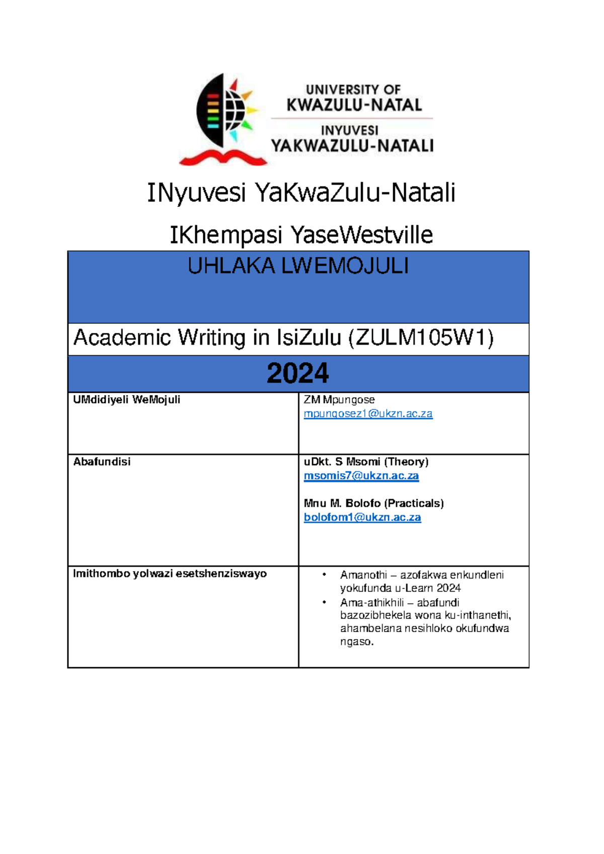ZULM 105 W1 Academic Writing in IsiZulu Module Overview 2024 - Studocu
