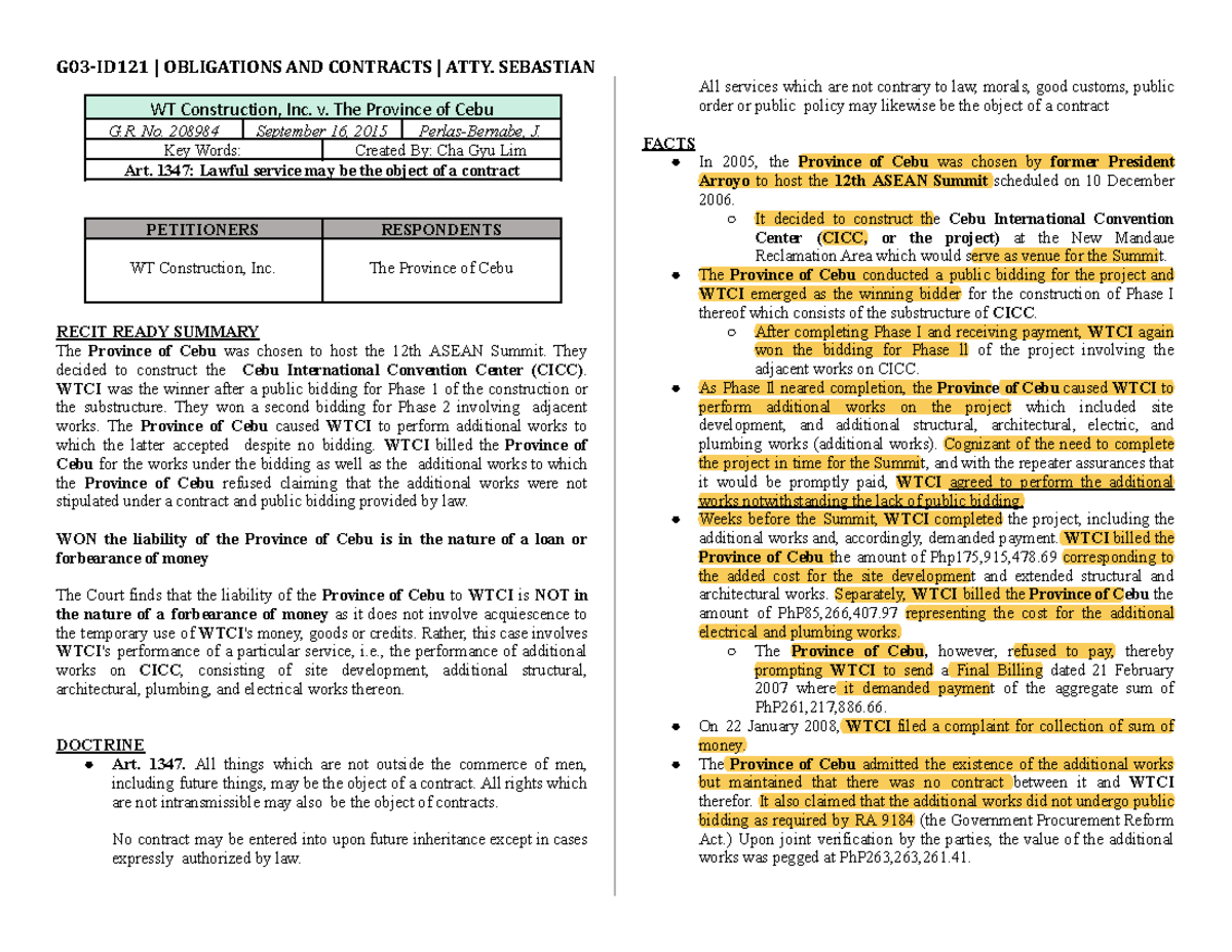 OBLIGATIONS AND CONTRACTS G03: WT Construction, Inc. v. Province of ...