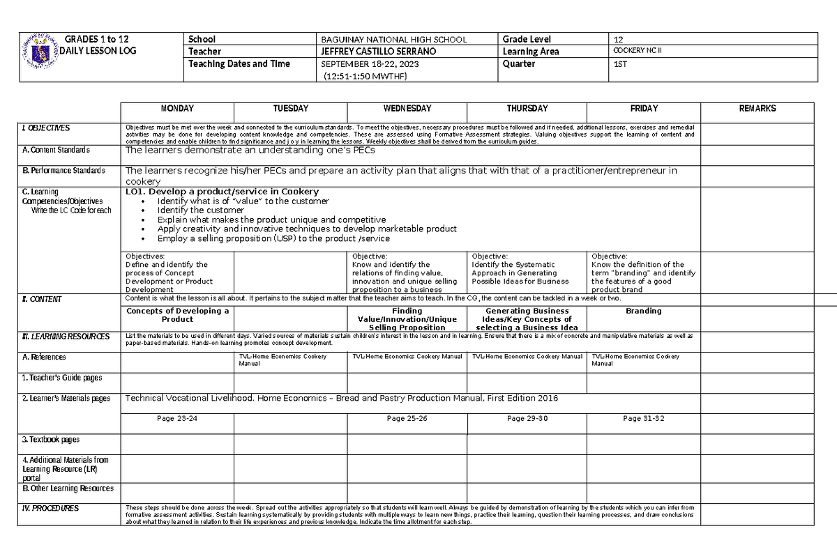 DLL Cookery 12 Q1 W4 - Daily Lesson Log and Objectives Overview - Studocu