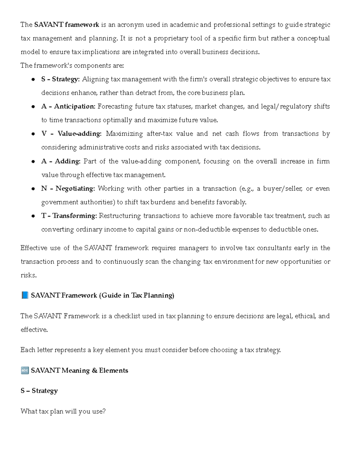 STM Savant Framework: Strategic Tax Planning Guide - Studocu