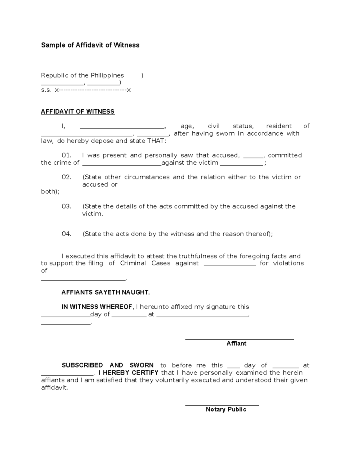 Philippines Sample Affidavit of Witness Template - Studocu