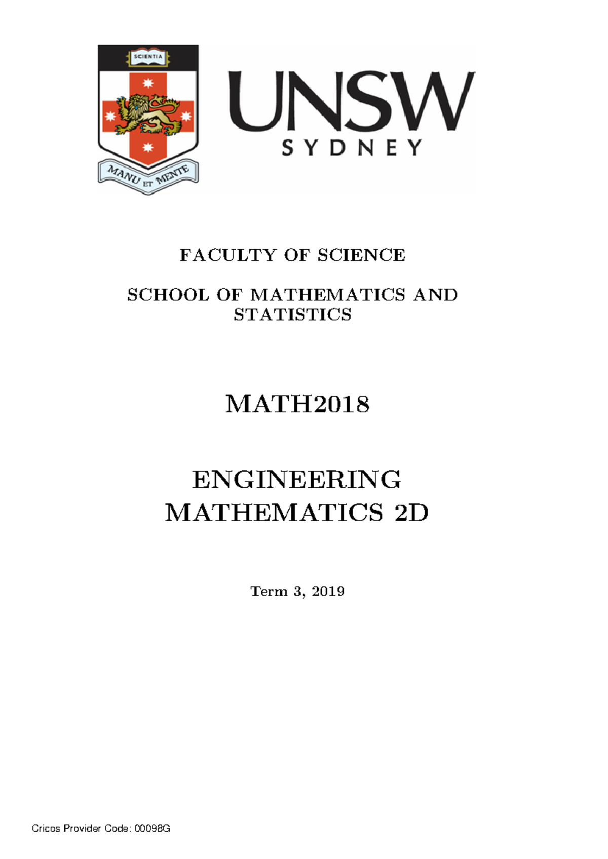 MATH2018 Course Outline: Engineering Mathematics 2D Term 3, 2019 - Studocu
