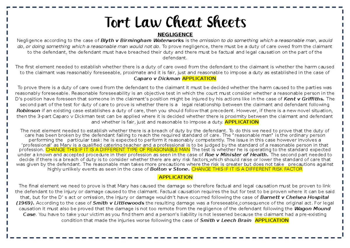 Tort Law Cheat Sheets - Practice IDEA paragraphs - NEGLIGENCE ...