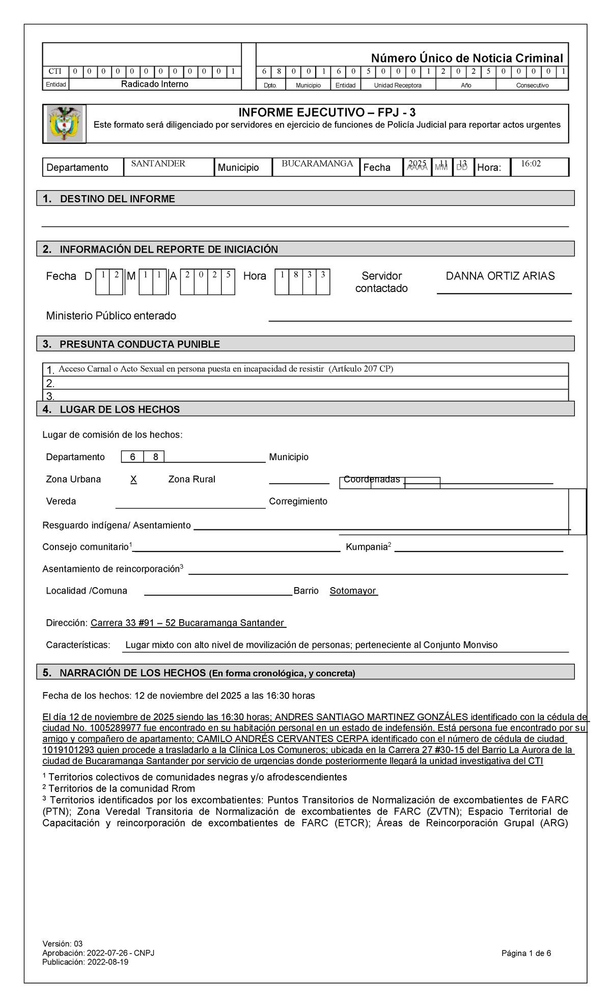 Informe Ejecutivo CTI - Número Único de Noticia Criminal - Studocu