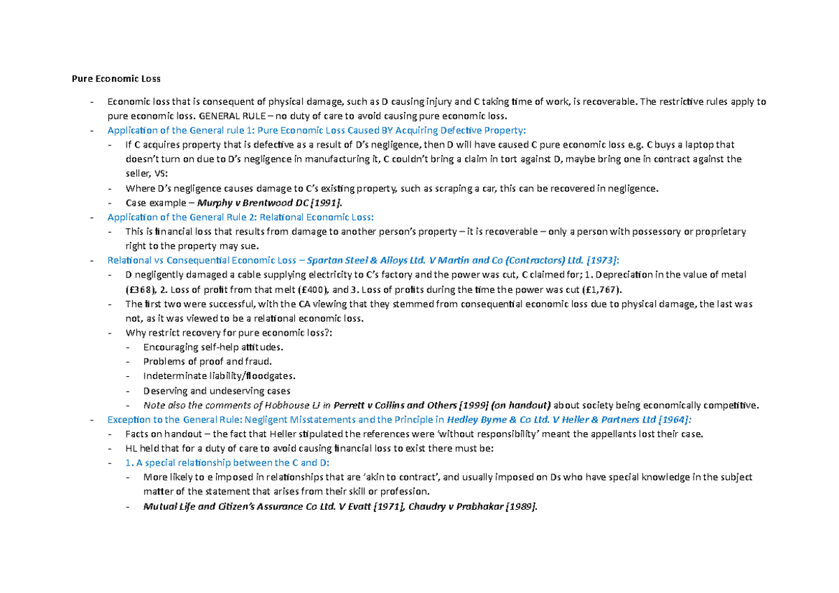 Pure Economic Loss - Key Principles and Case Summaries - Studocu