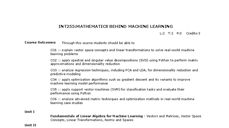 INT255: Overview of Mathematics for Machine Learning (3 Credits) - Studocu