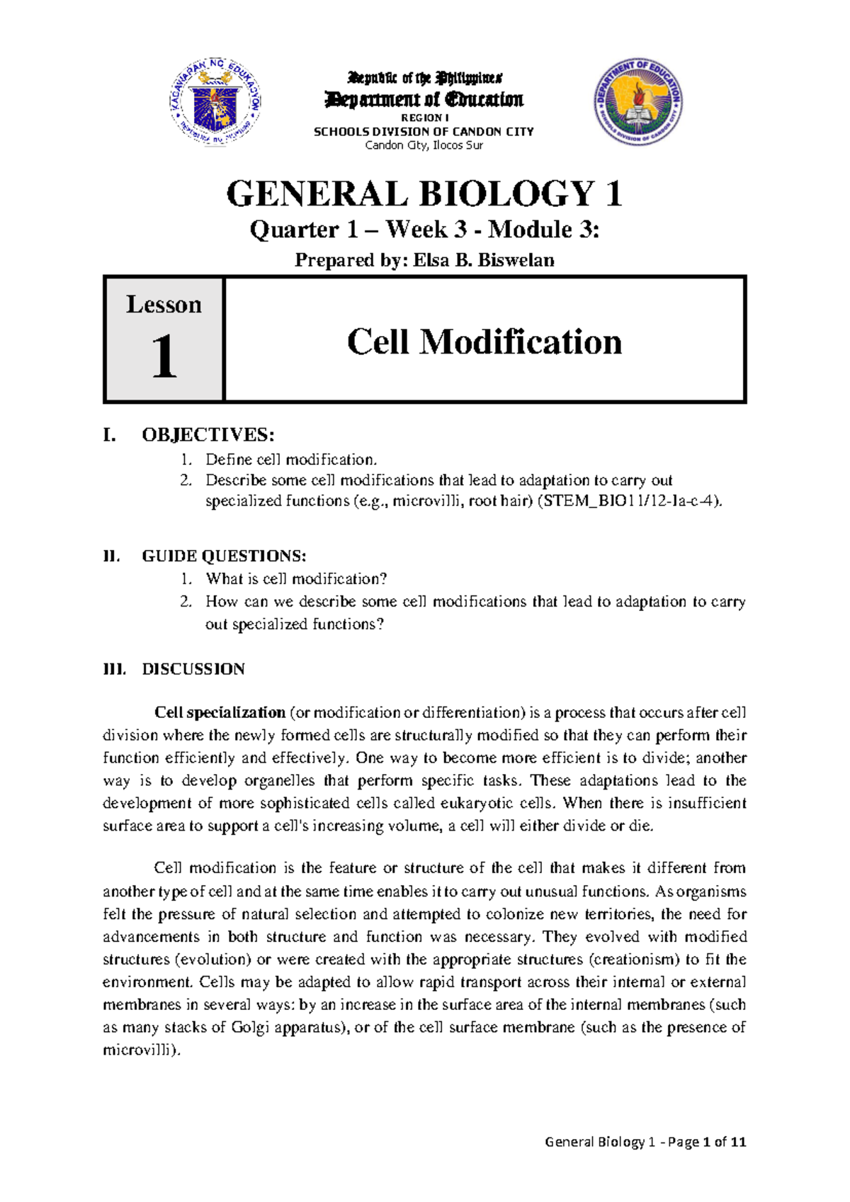 General Biology 1 Q1 W3 M3: Lesson on Cell Modification - Studocu