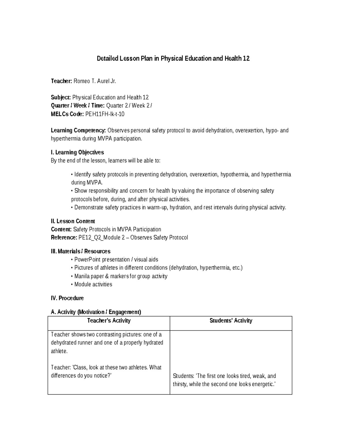 PEH12 Detailed Lesson Plan: Safety Protocols in MVPA - Studocu