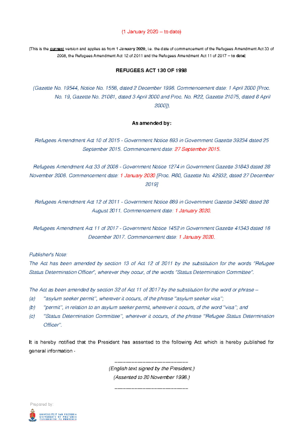 Refugees Act 130 of 1998: Current Version as of Jan 2020 - Studocu
