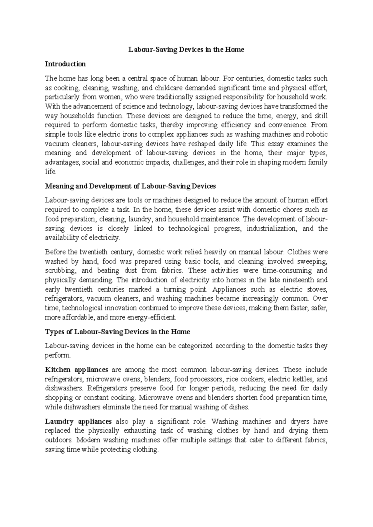 Labour-Saving Devices in the Home: Impact and Evolution Essay - Studocu