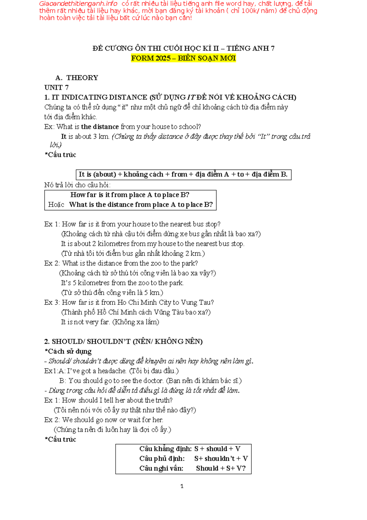 [Form 2025] Đề Cương Ôn Thi Cuối Học Kỳ 2 - Tiếng Anh 7 - Studocu