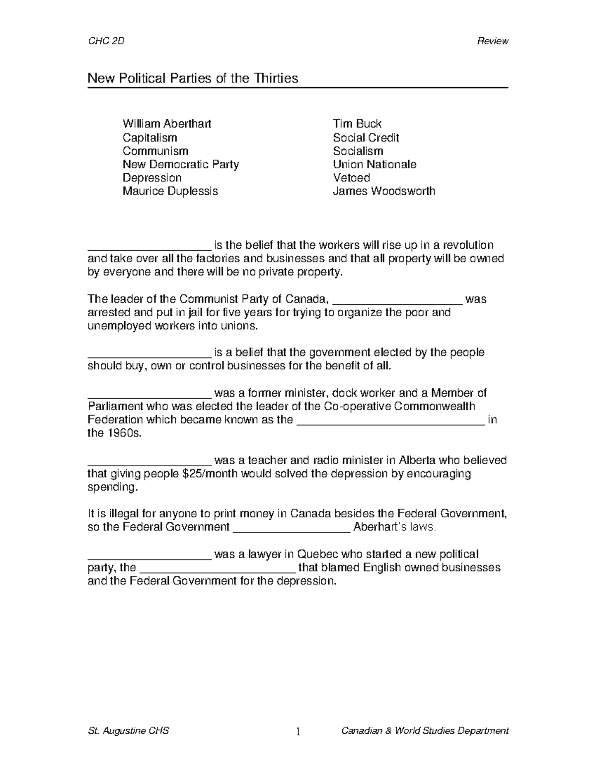 Political Solutions Review - CHC 2D Review St. Augustine CHS 1 Canadian ...