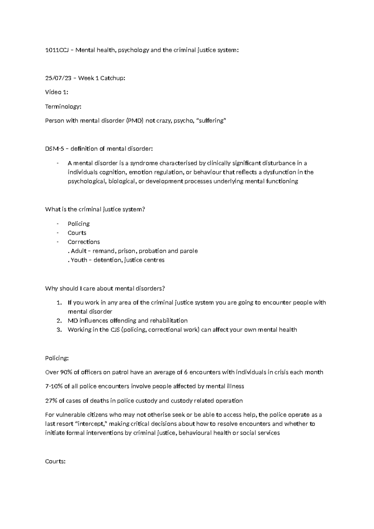 1011CCJ Mental Health & Criminal Justice: Week 1-3 Lecture Notes - Studocu