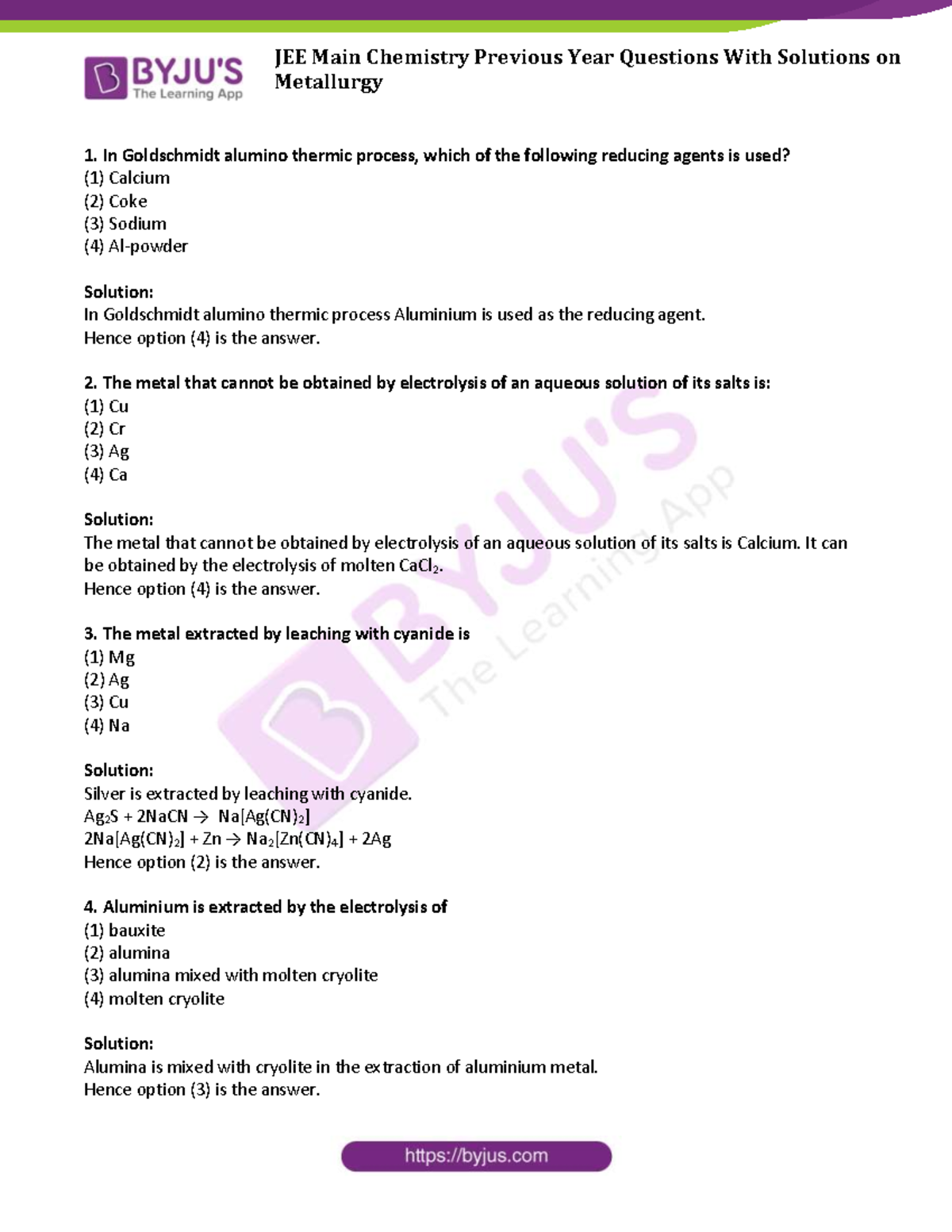 JEE Main Chemistry Metallurgy: Previous Year Questions & Solutions ...