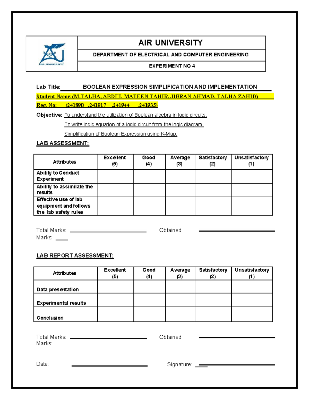 Boolean Expression Simplification and Implementation - AIR UNIVERSITY DEPARTMENT OF ELECTRICAL ...