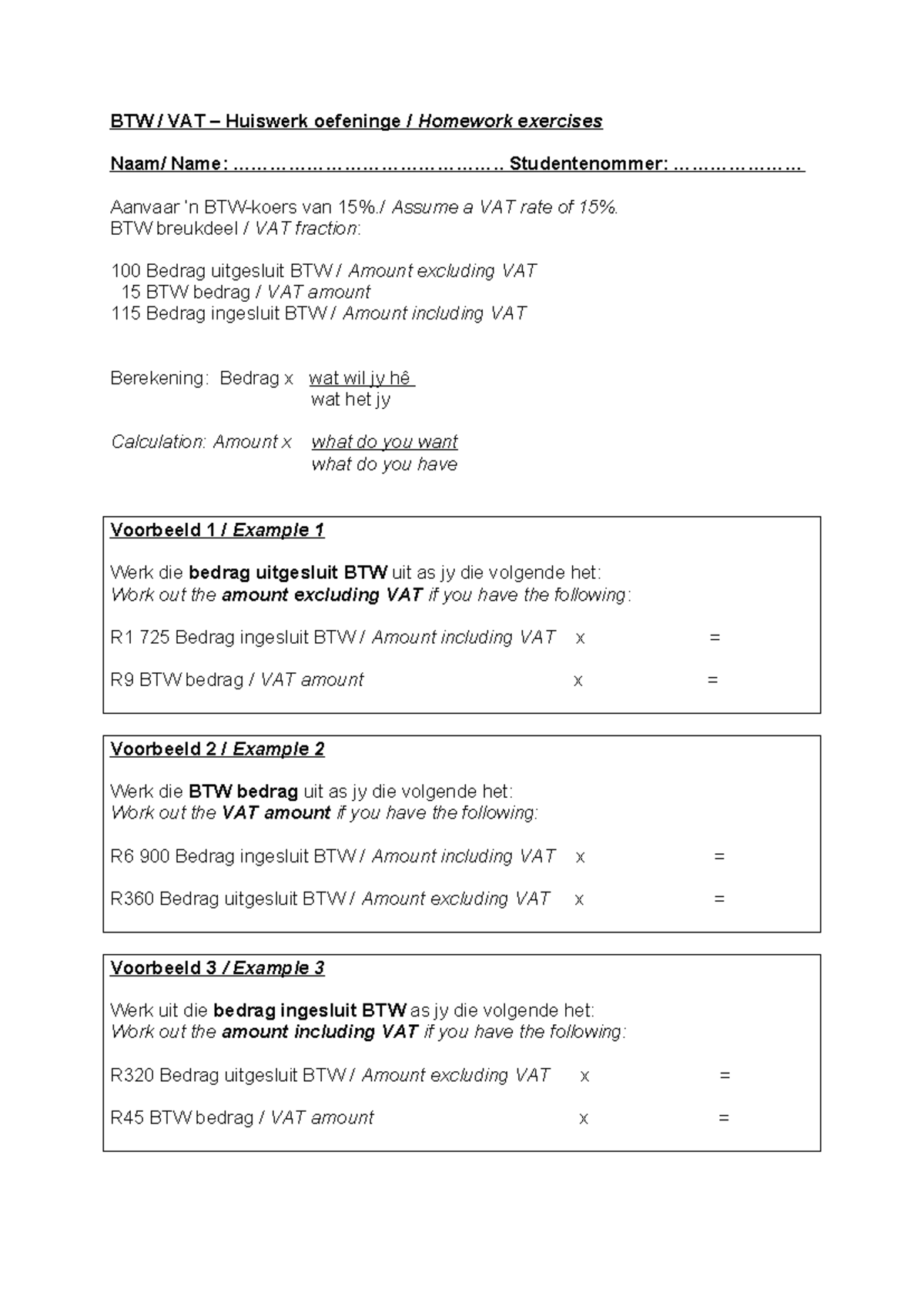BTW / VAT Homework Exercises: Calculation Examples and Practice - Studocu