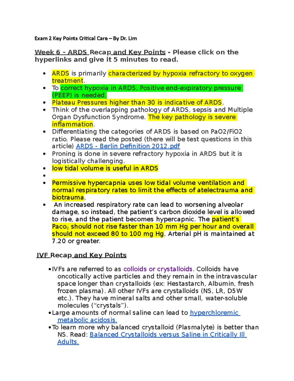 Exam 2 Key Points Review for Critical Care (CC 101) - Studocu